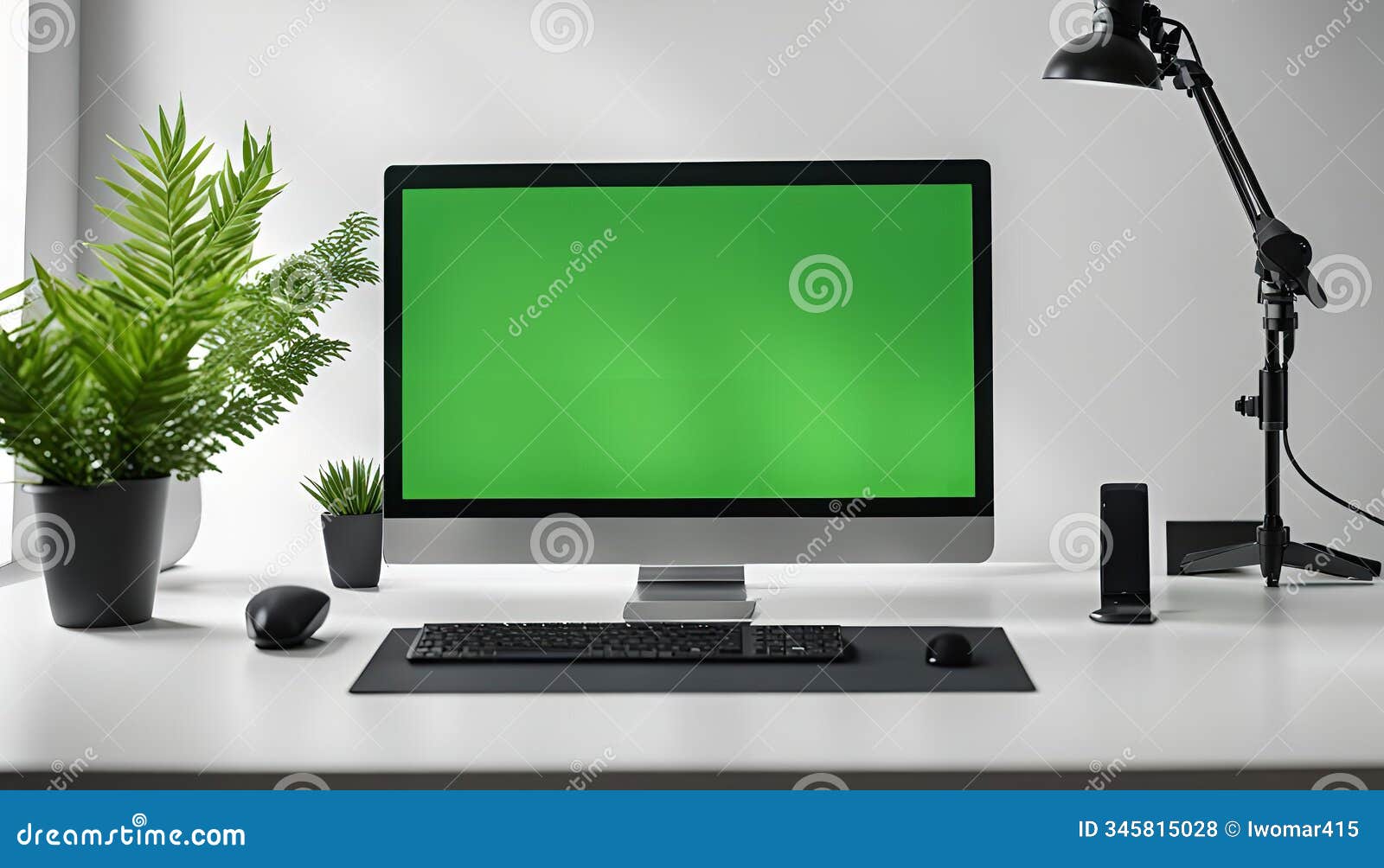 Minimalist Desk Setup with Green Screen Computer Stock Illustration ...