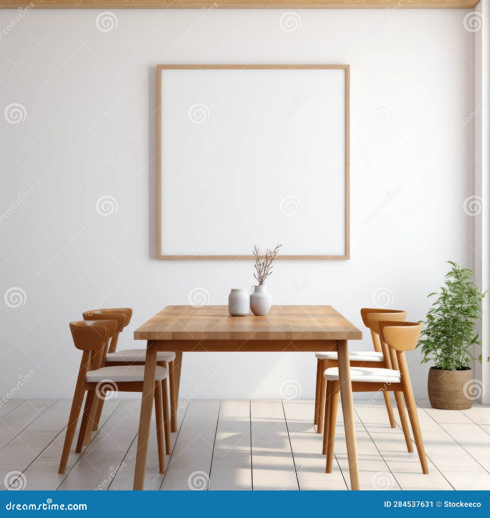 Minimalist Dining Table with Framed Poster in White Room Stock ...