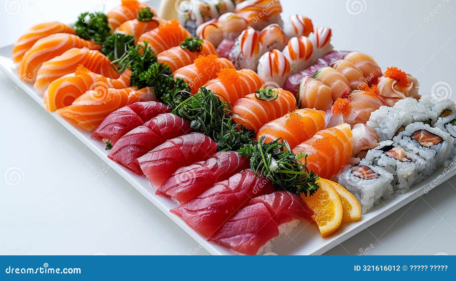 Minimalist Display of Fresh Sushi and Sashimi on White Background ...