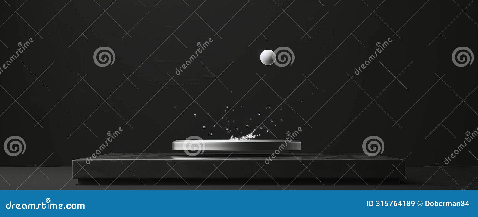 Minimalist Display with a Silver Podium and a Bouncing Ball in a Dark ...