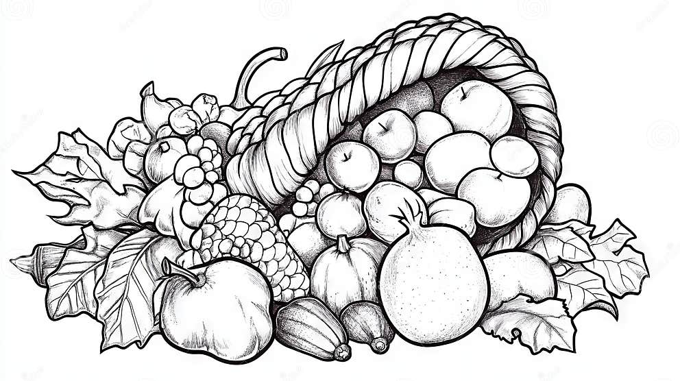Minimalist Drawing of a Cornucopia Overflowing with Basic Fruits Stock ...