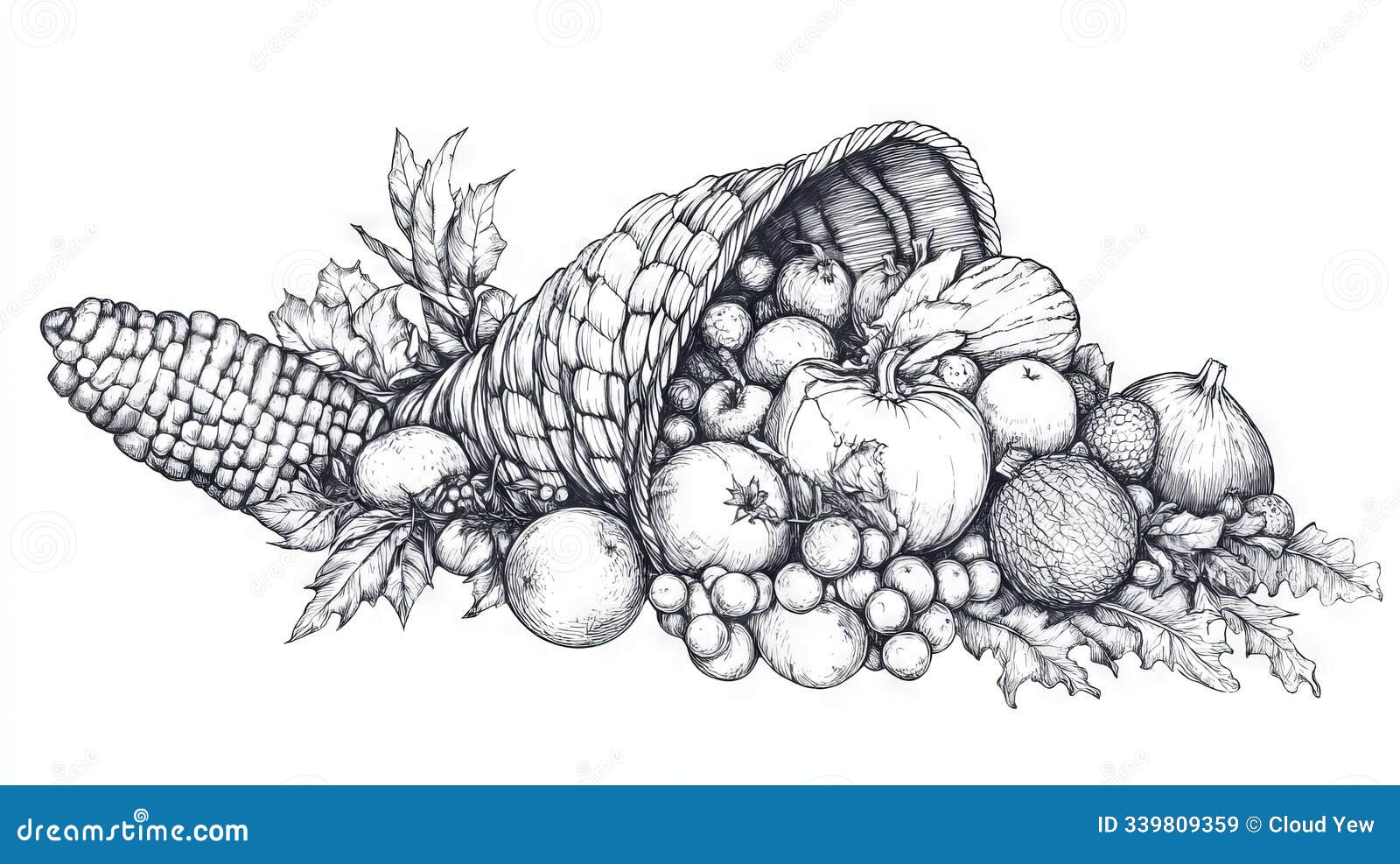 Minimalist Drawing of a Cornucopia Overflowing with Basic Fruits Stock ...