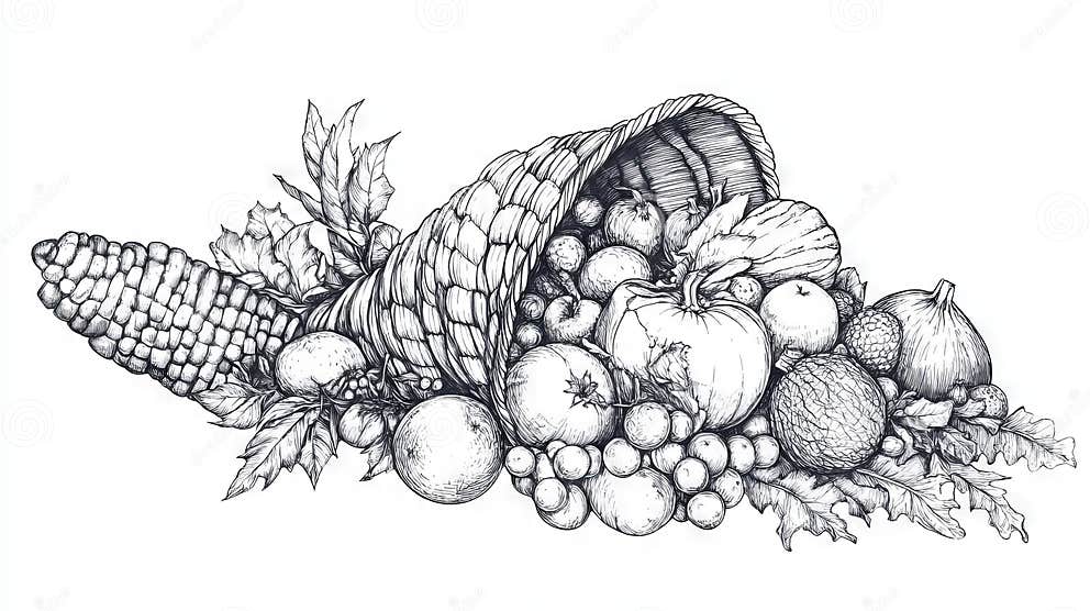 Minimalist Drawing of a Cornucopia Overflowing with Basic Fruits Stock ...