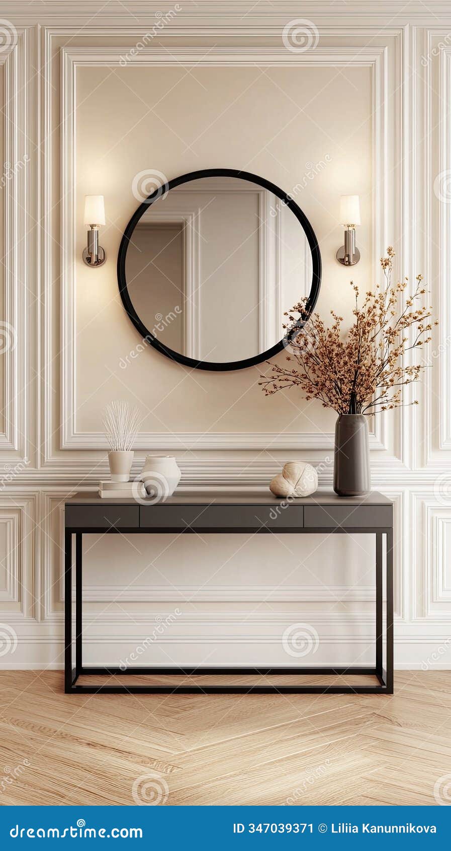 Minimalist Dressing Room Features a Round Mirror with LED Lights Over a ...