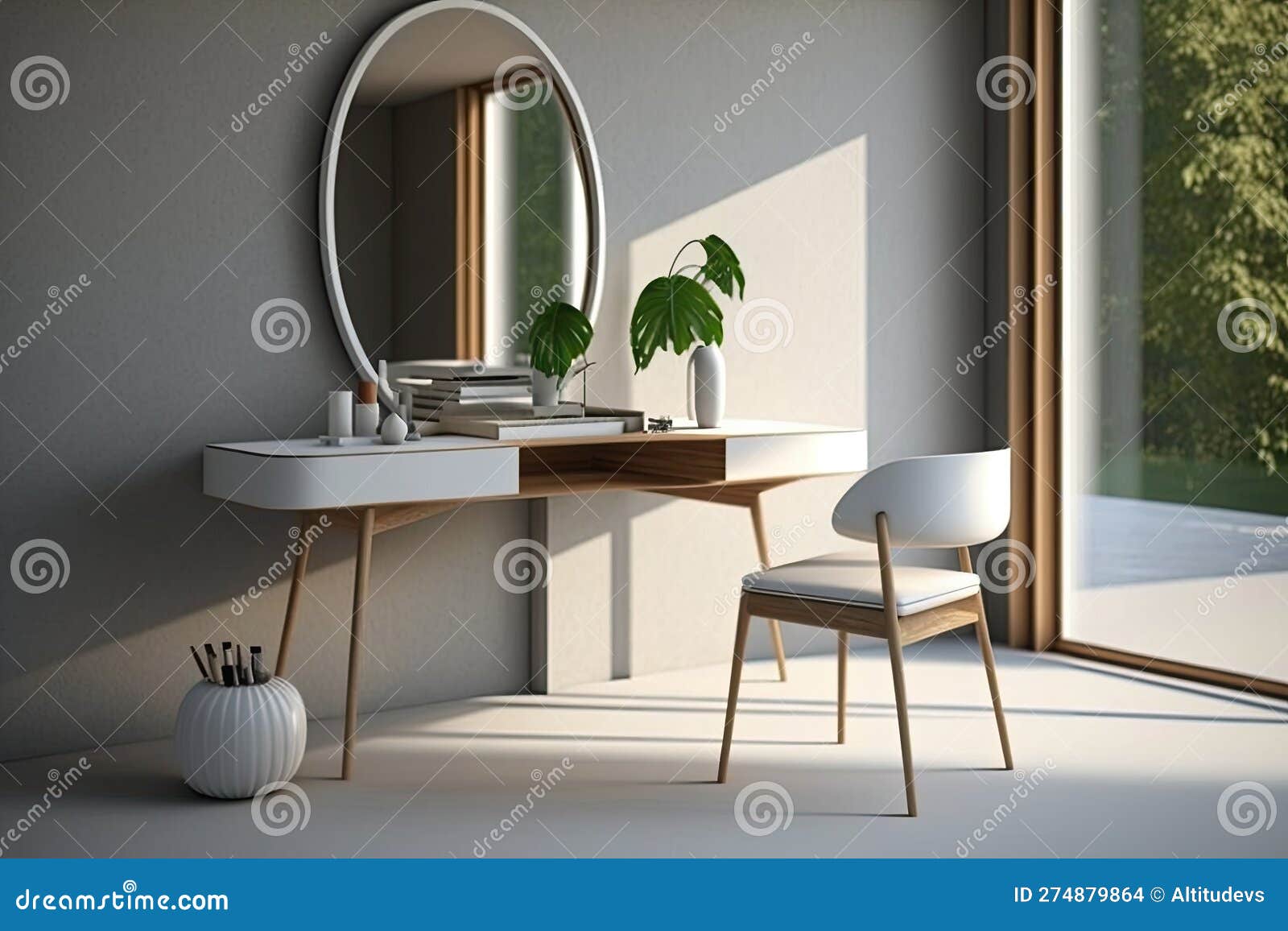 A Minimalist Dressing Table with a Sleek, Modern Mirror on the Wall ...