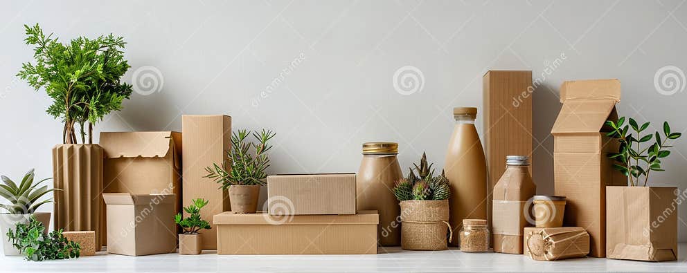 Minimalist Eco-friendly Packaging with Plants on a White Background ...