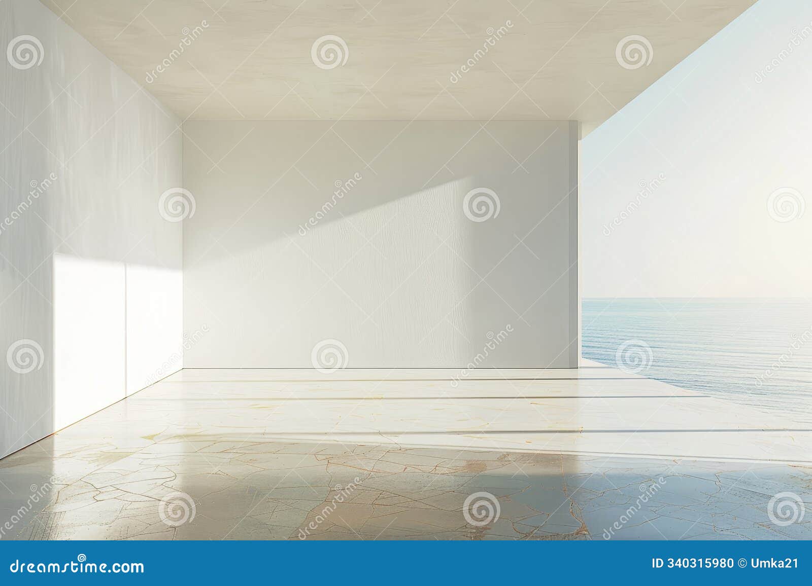 Minimalist Empty Room with Ocean View and Soft Light Stock Illustration ...