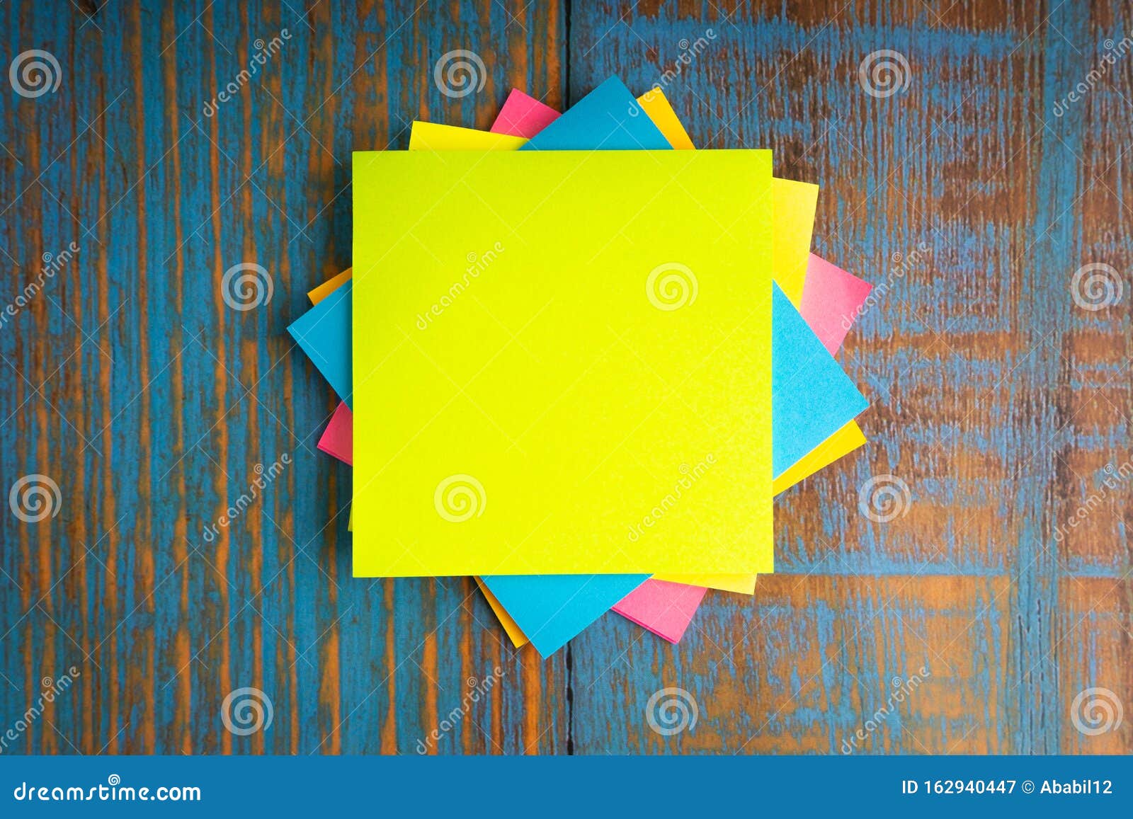 Minimalist Flat Lay Composition of Sticky Notes on the Wooden Table Top ...
