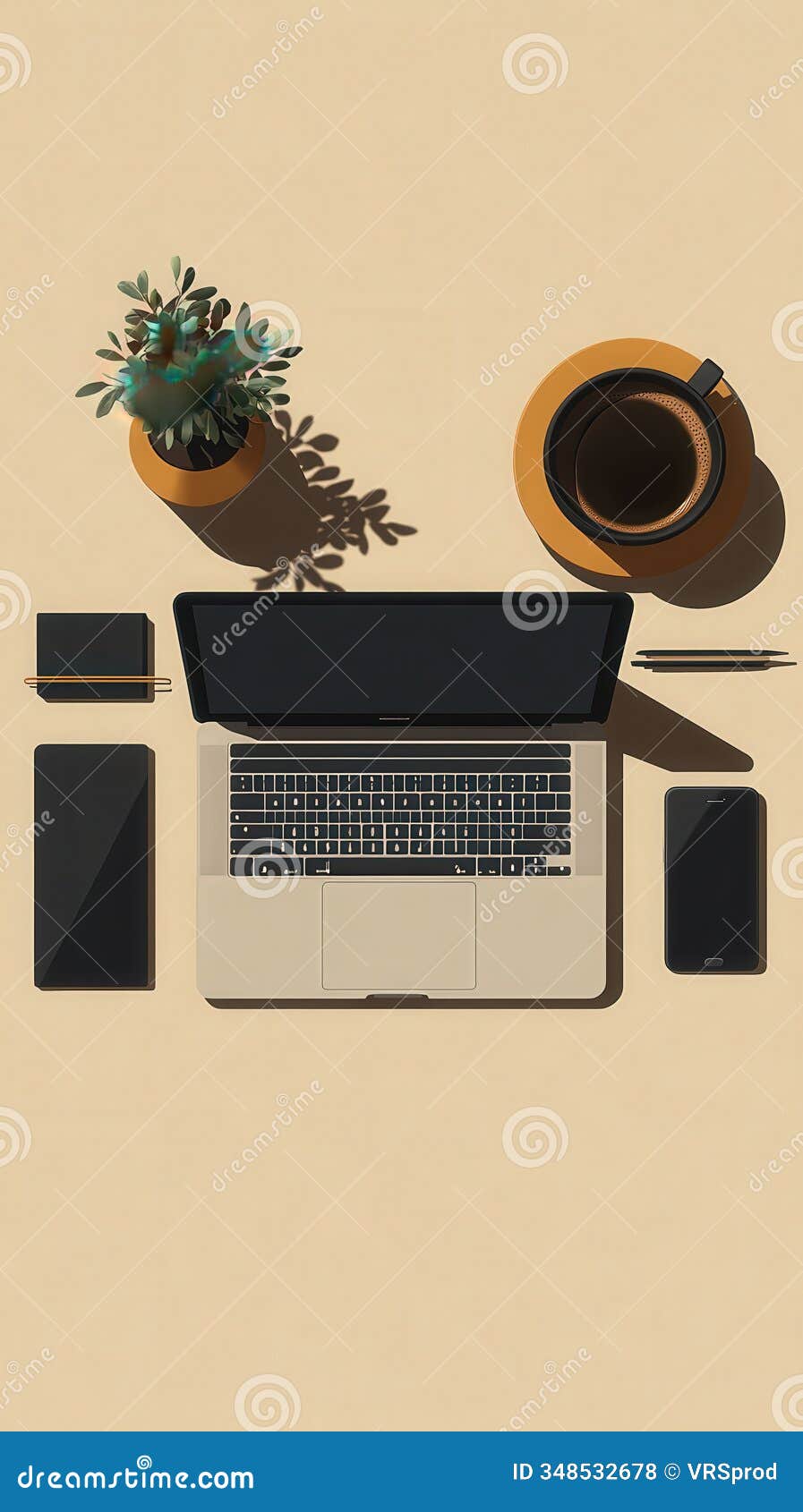 Minimalist Flat Lay of Workspace with Laptop, Coffee, and Plants Stock ...