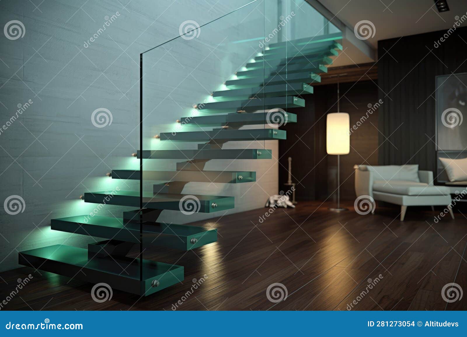Minimalist Floating Staircase with Glass Railing Stock Photo - Image of ...