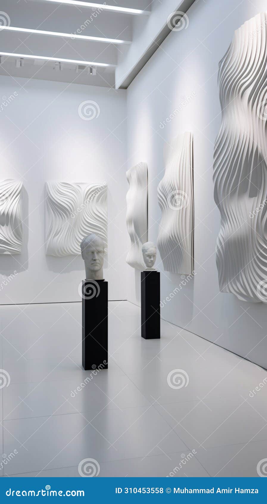 A Minimalist Gallery with a 3D White Ripple Wall Pattern, Stock ...