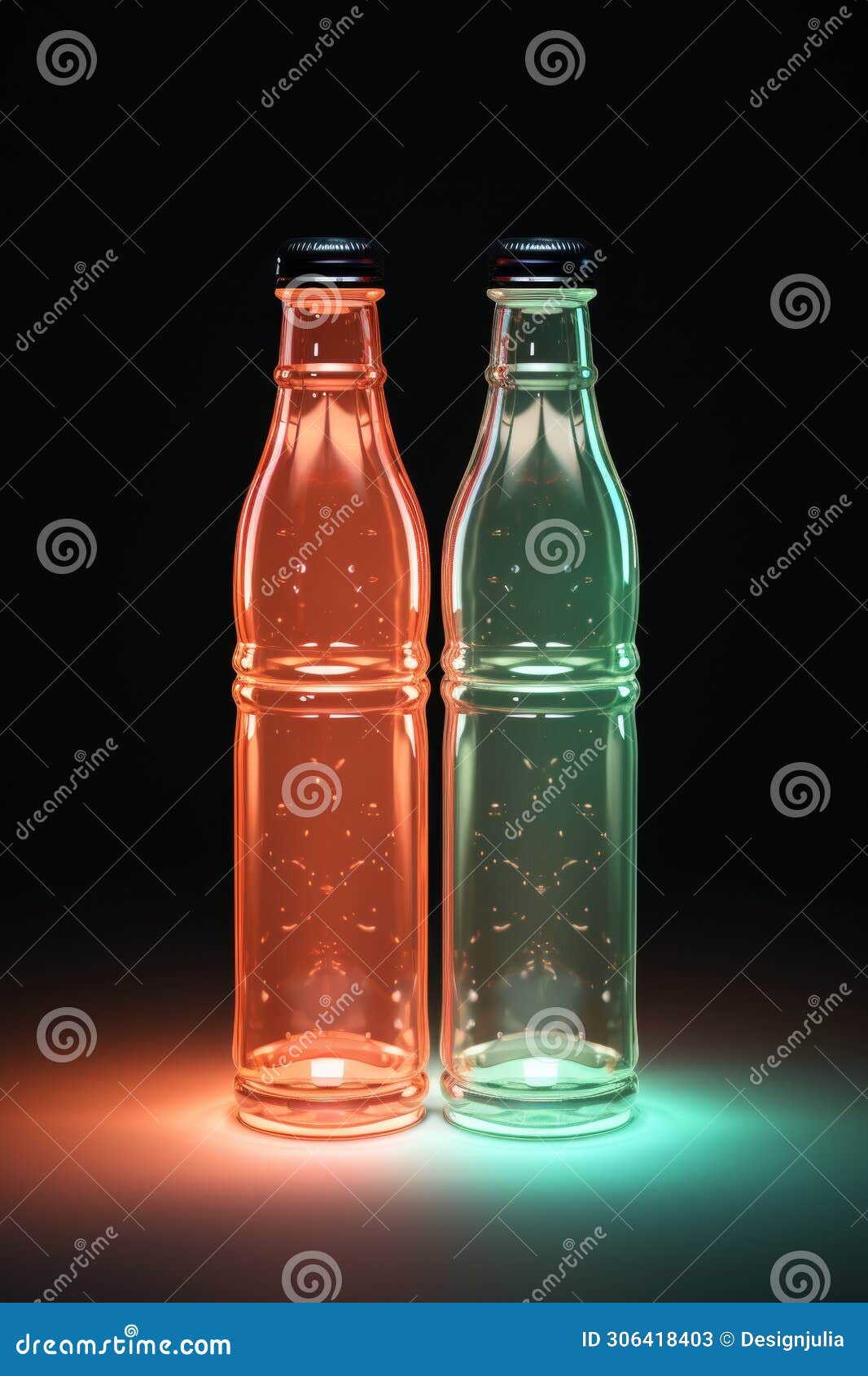 Minimalist Glass Bottles. Solarization Effect, Orange and Light Emerald ...