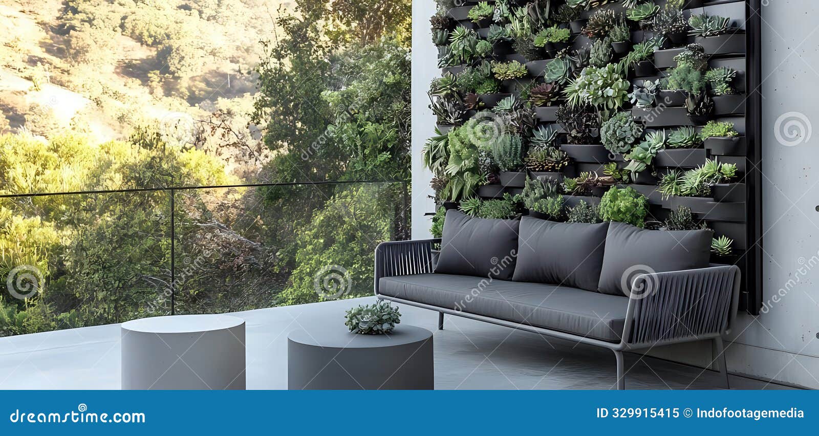 Minimalist Grey Balcony Terrace with Vertical Garden. Side View Stock ...