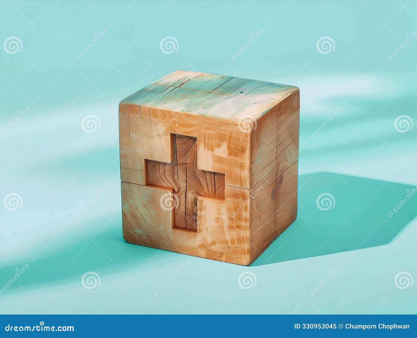 Minimalist Hand Crafted Wooden Cube with Embedded Plus Sign on Light ...
