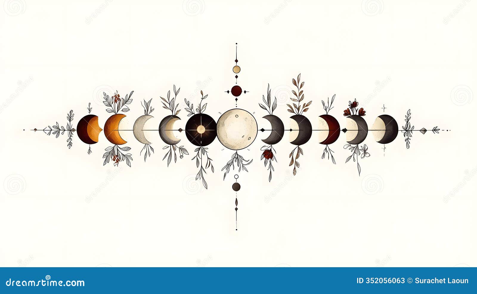 Minimalist Hand Drawn Boho Moon Phase Set with Floral Elements and ...