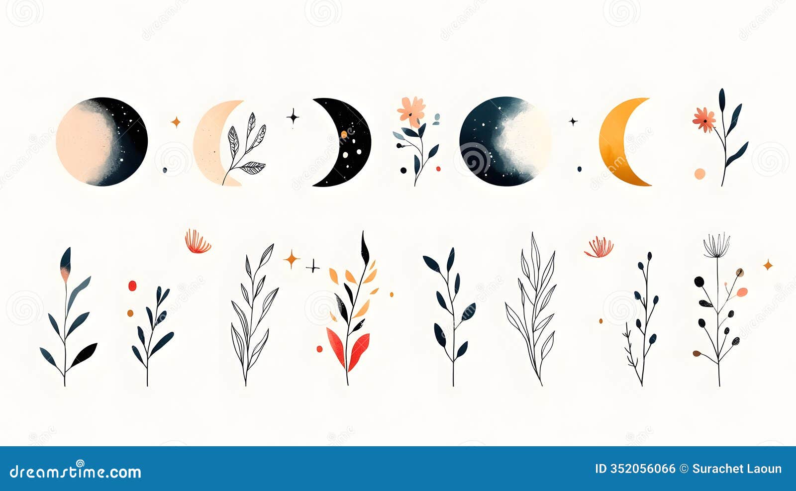 Minimalist Hand Drawn Boho Moon Phases with Floral Elements and Stars ...