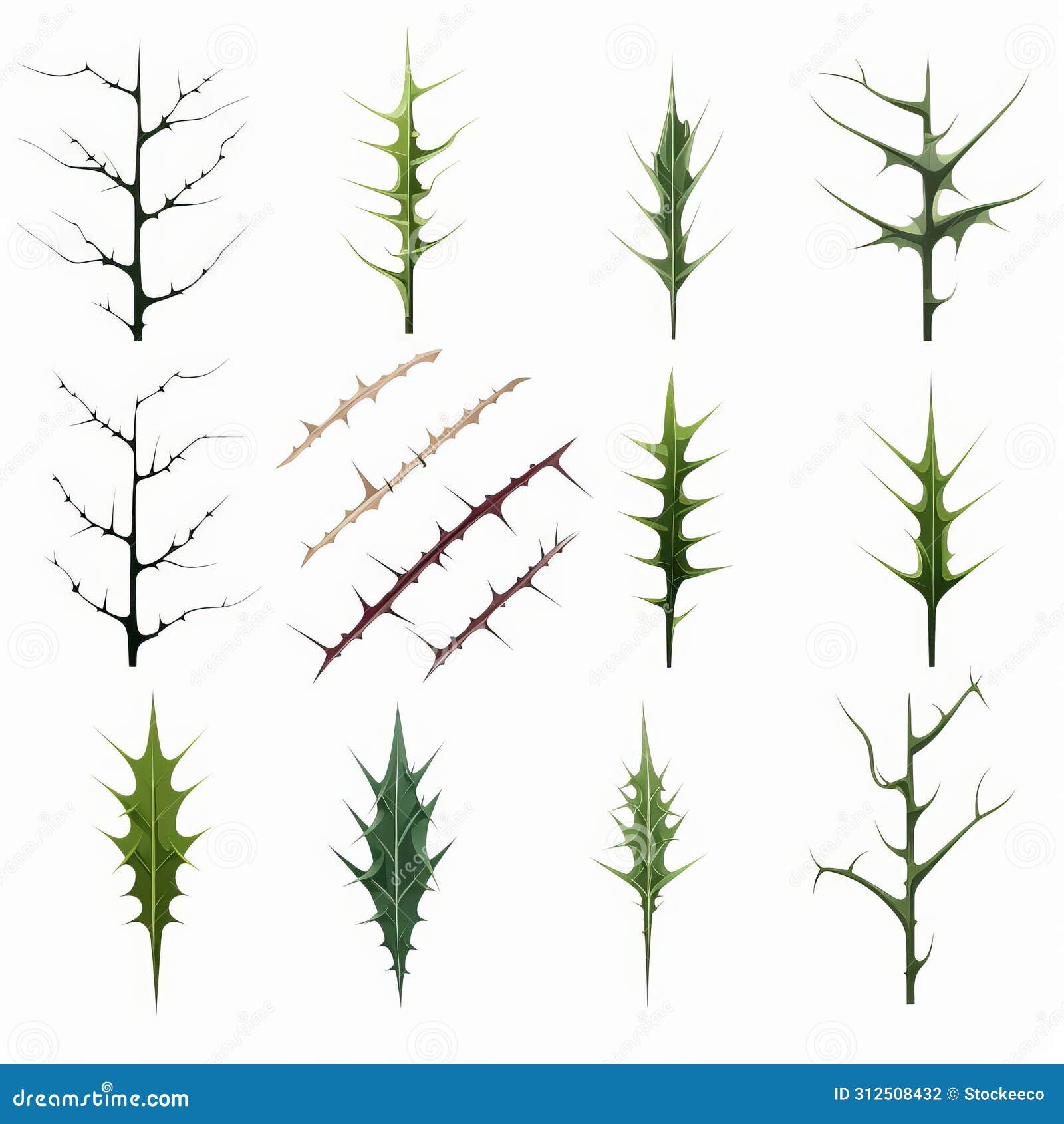 Minimalist Holly Tree Spikes: Vector Thorn Set for Flat Minimalistic ...