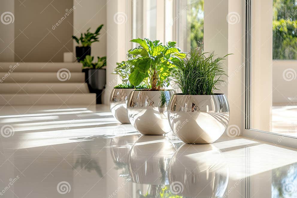 Minimalist Home Decor, Minimalist Silver Planters Clustered on a White ...