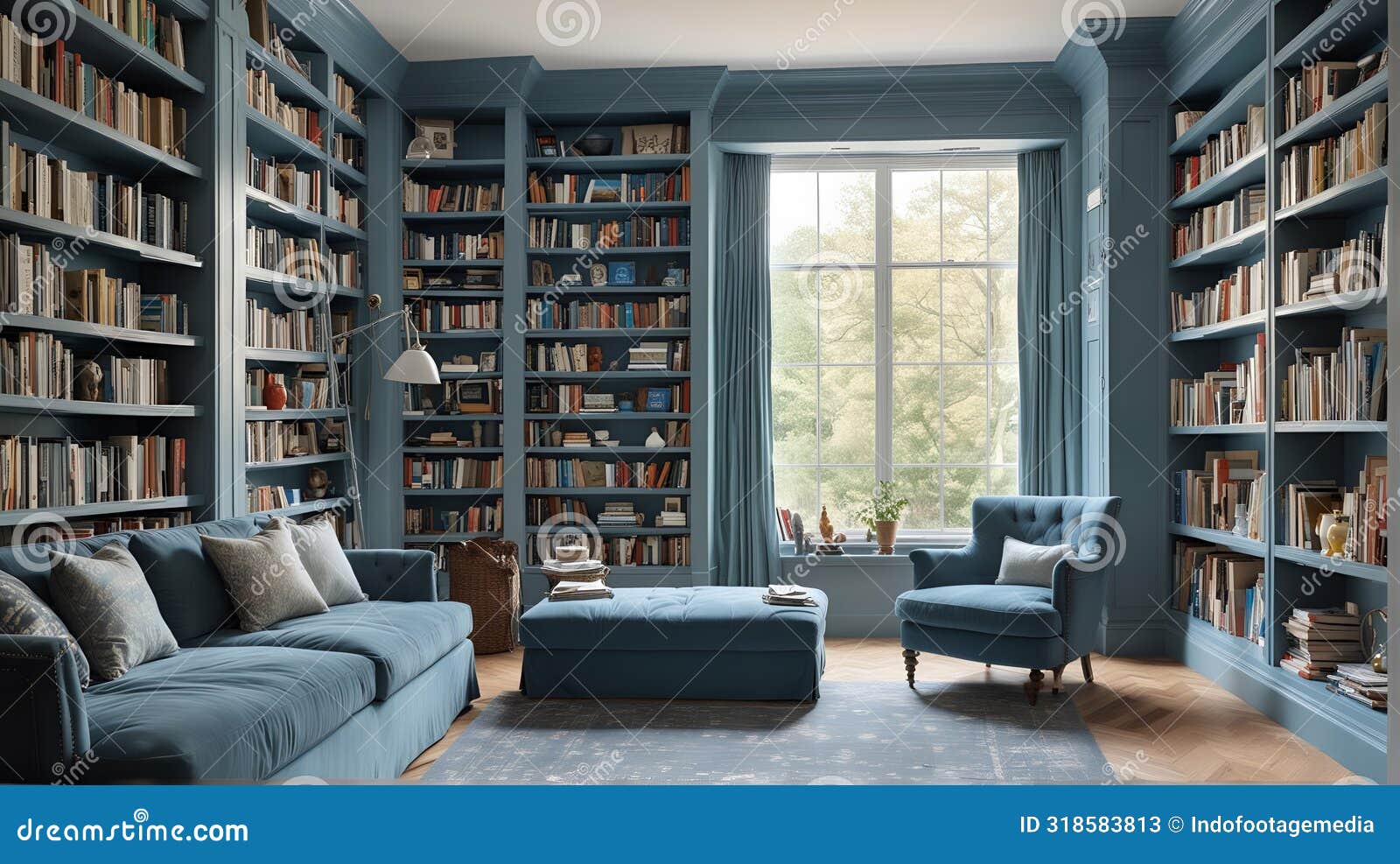 Minimalist Home Library with a Collection of Books, a Comfortable ...