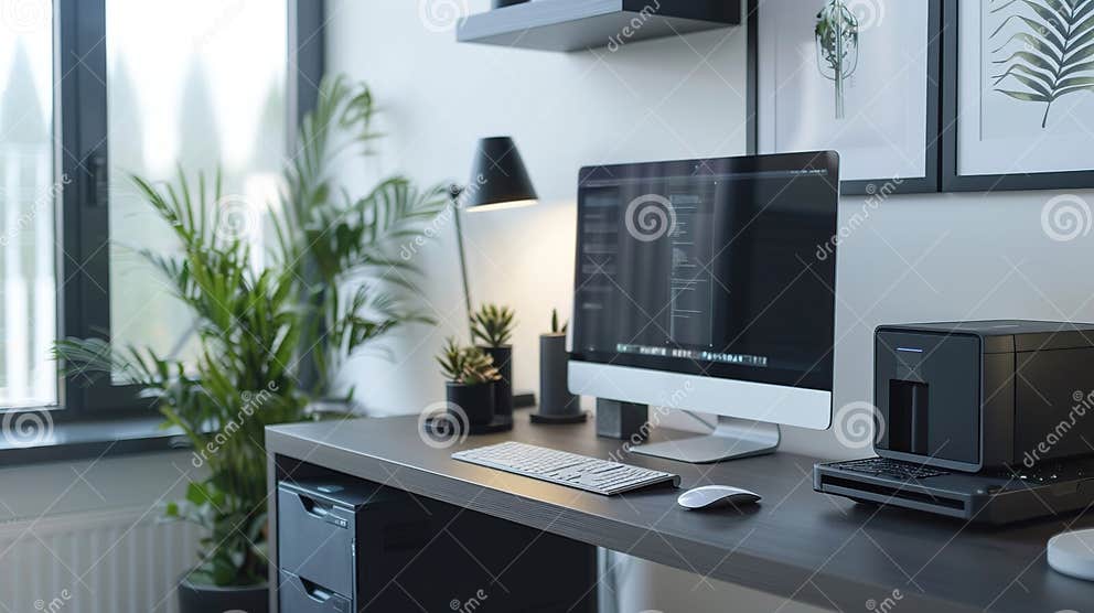Minimalist Home Office Desk with Computer, Printer, and Plants Stock ...