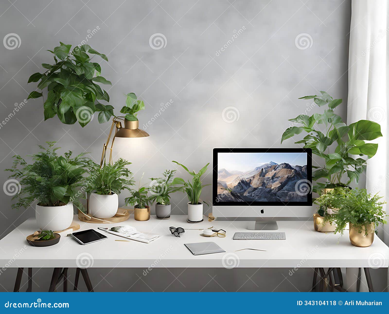 Minimalist Home Office with Greenery and a Mountain Desktop Stock Photo ...