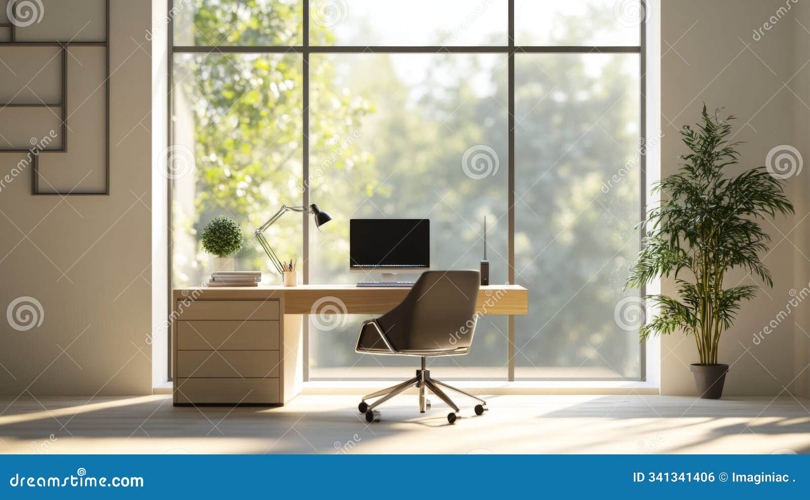 Minimalist Home Office with Large Window and Desk Stock Illustration ...
