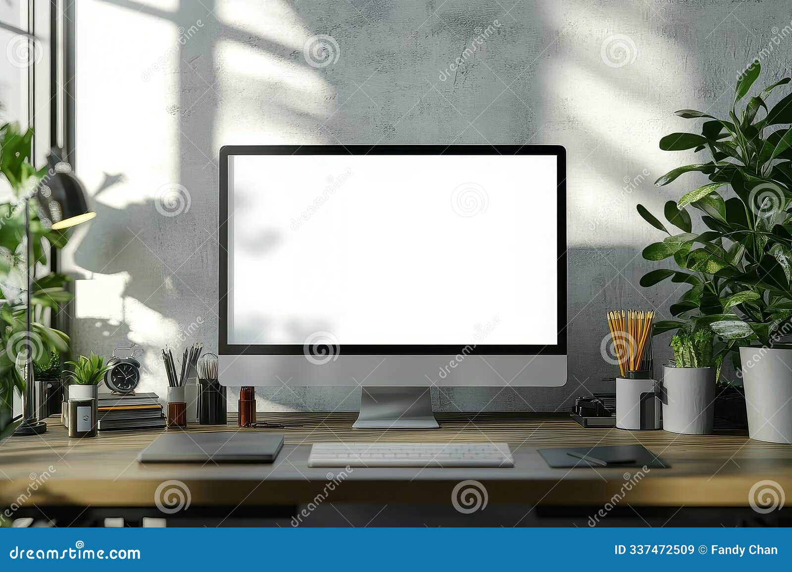 Minimalist Home Office Setup with Desk, Computer, and Plants - Modern ...