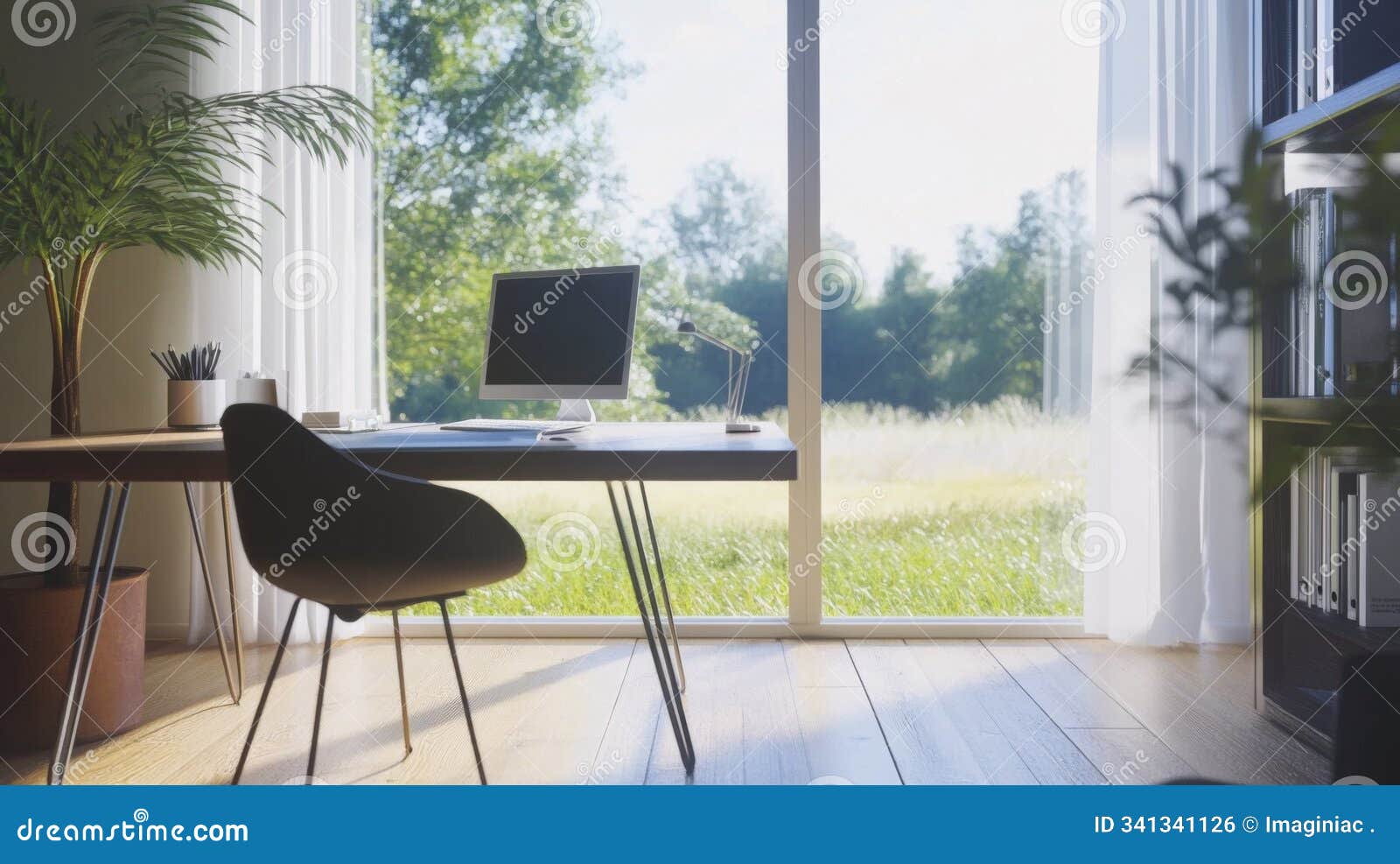 Minimalist Home Office with View of Green Field through Large Window ...