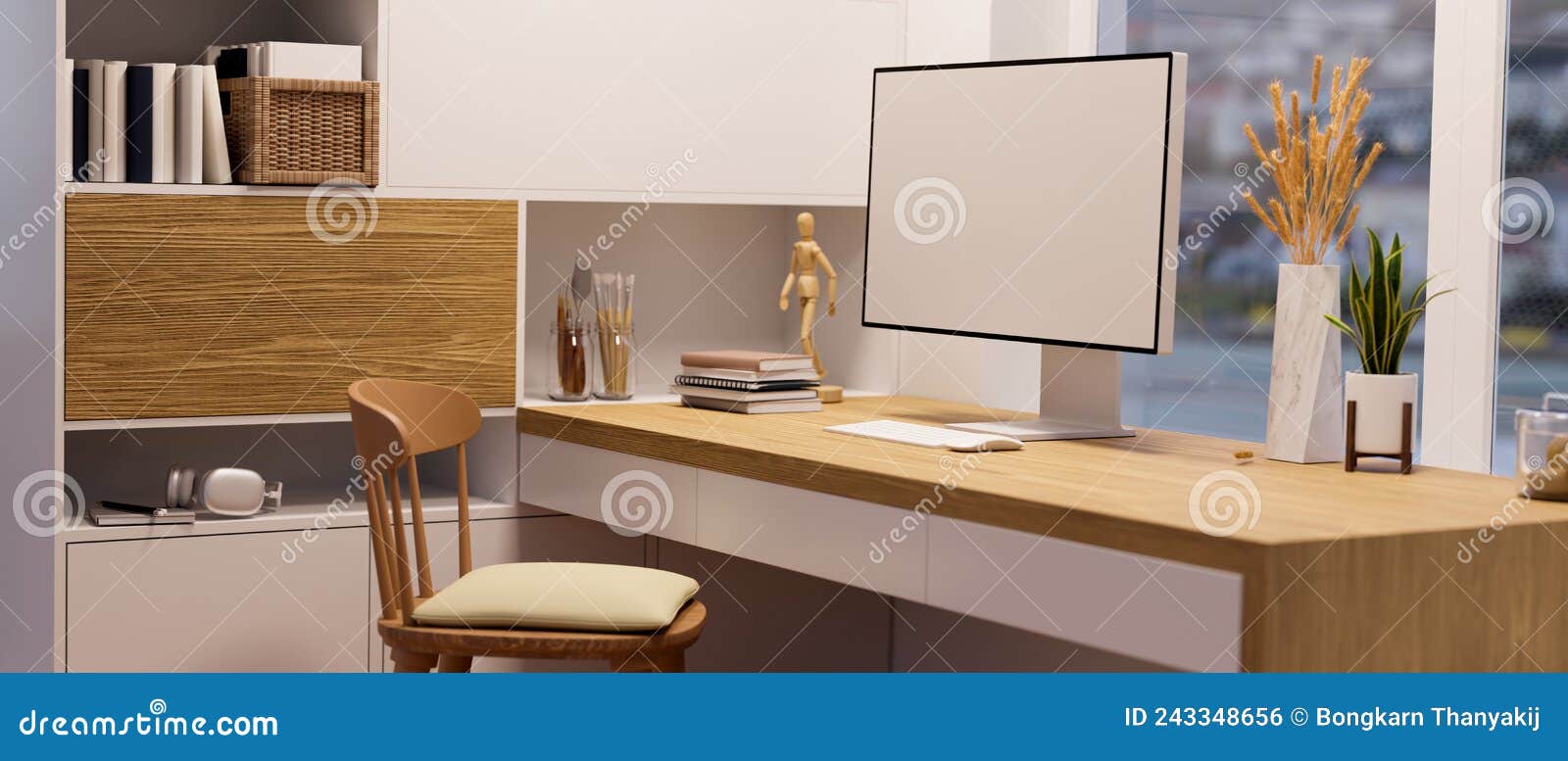 Minimalist Home Workspace Interior Design with PC Computer Stock ...