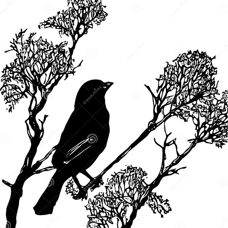 Black Bird on a Tree on a White Background. Minimalist Illustration ...