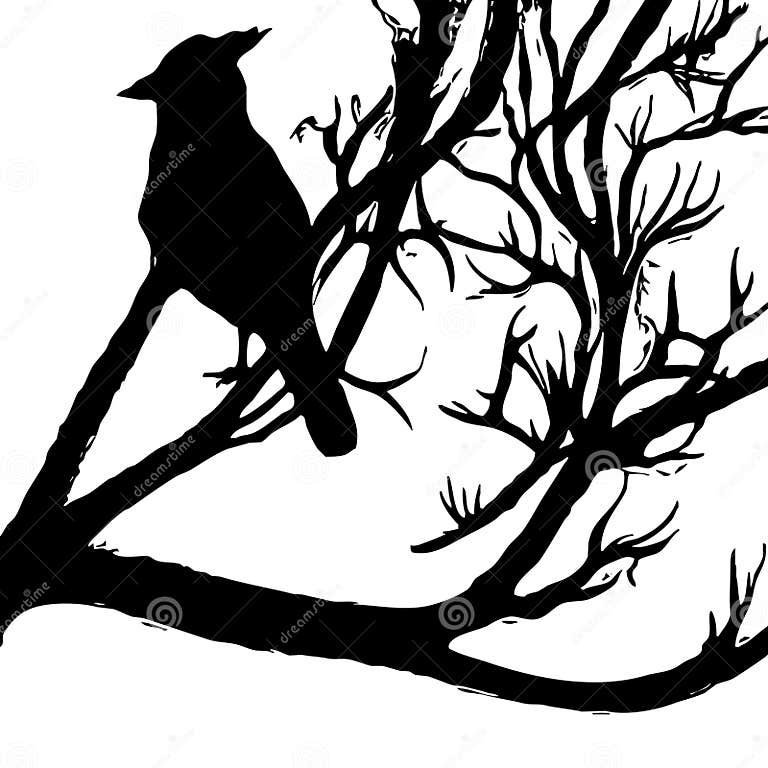 Black Bird on a Tree on a White Background. Minimalist Illustration ...