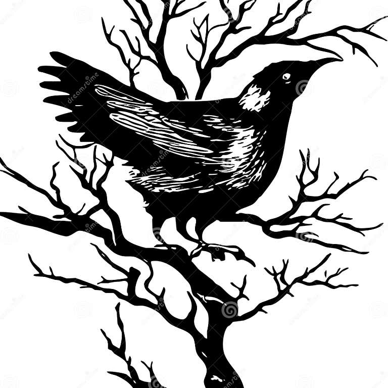 Black Bird on a Tree on a White Background. Minimalist Illustration ...