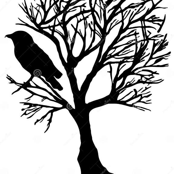 Black Bird on a Tree on a White Background. Minimalist Illustration ...