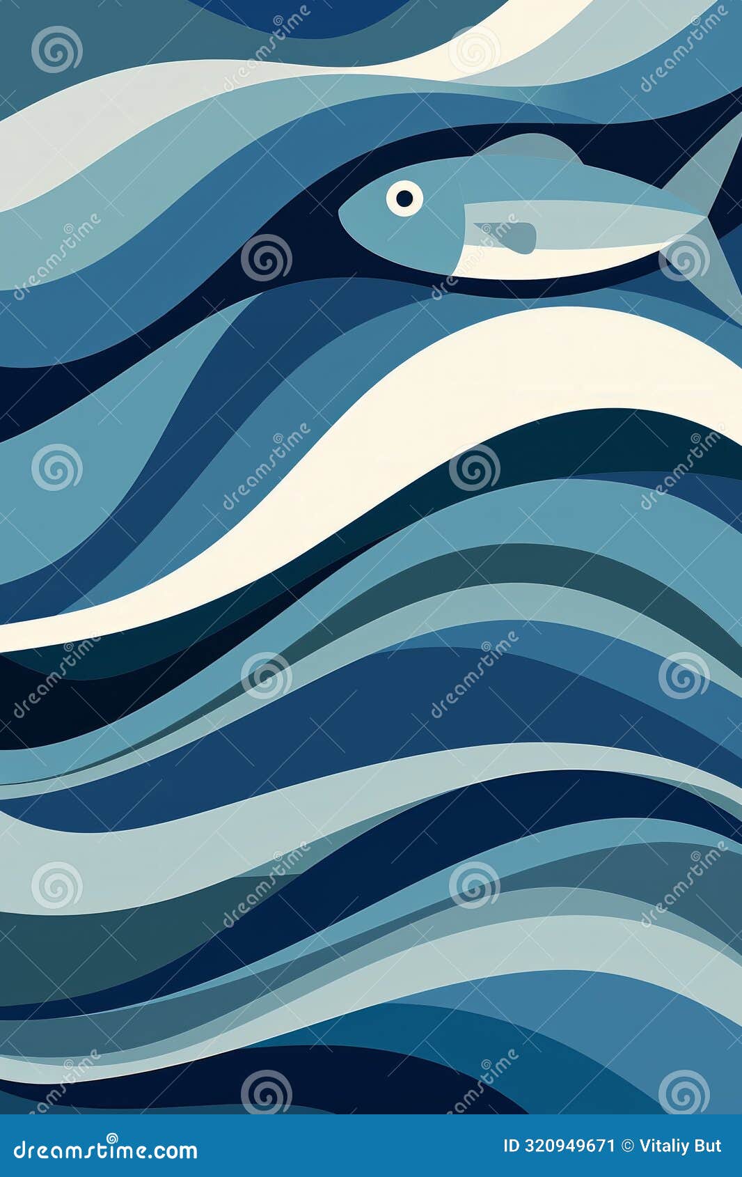 Minimalist Illustration of a Single Fish Swimming in a Blue and White ...