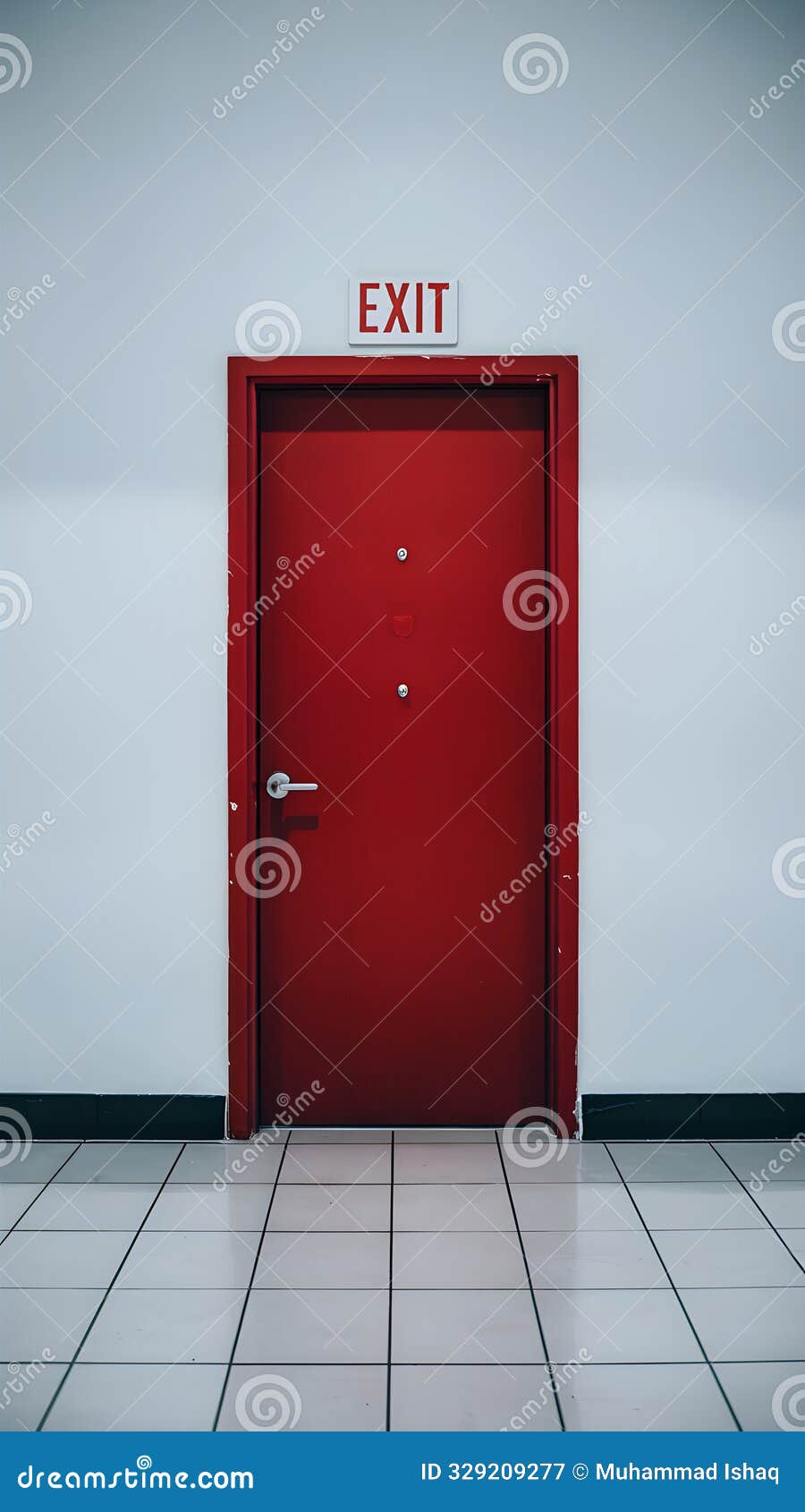 Minimalist Image of Red Door Labeled EXIT, White Wall, Tiled Floor ...
