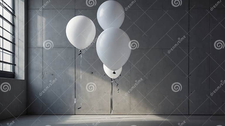 Minimalist Image of White Balloons with a String in an Empty Concrete Room, Casting a Shadow ...