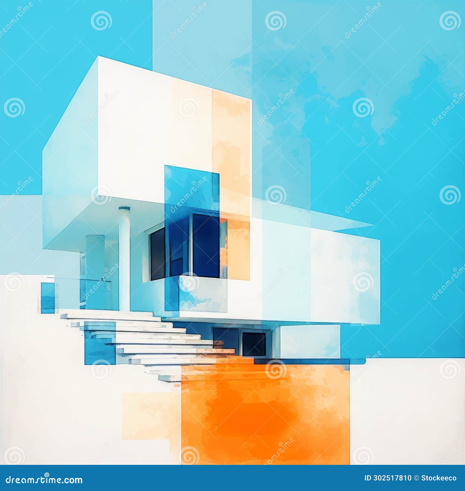 Minimalist Impressionism: Orange House on Blue Background Stock ...