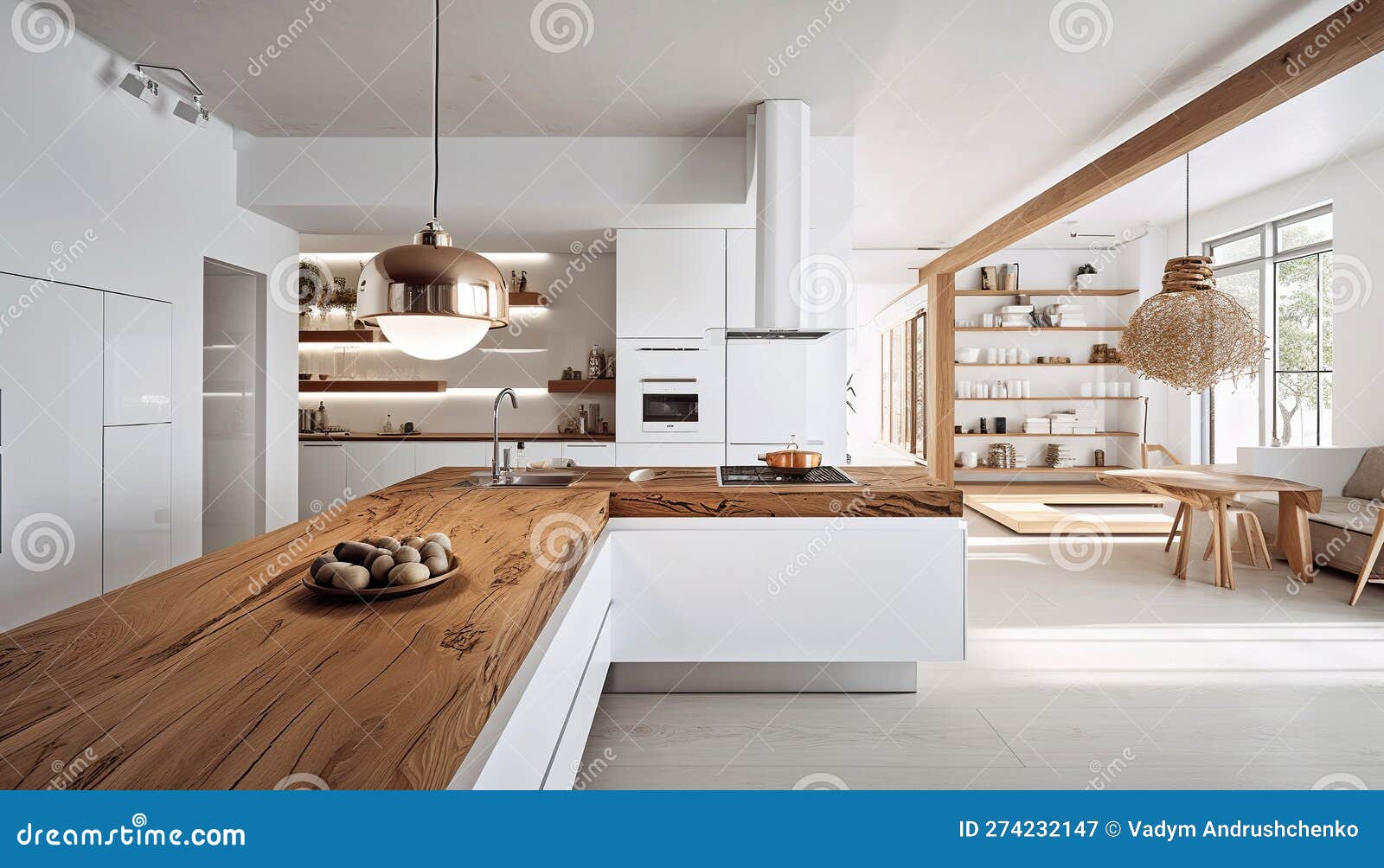 Minimalist Interior Design of Kitchen with Island, Dining Table and ...