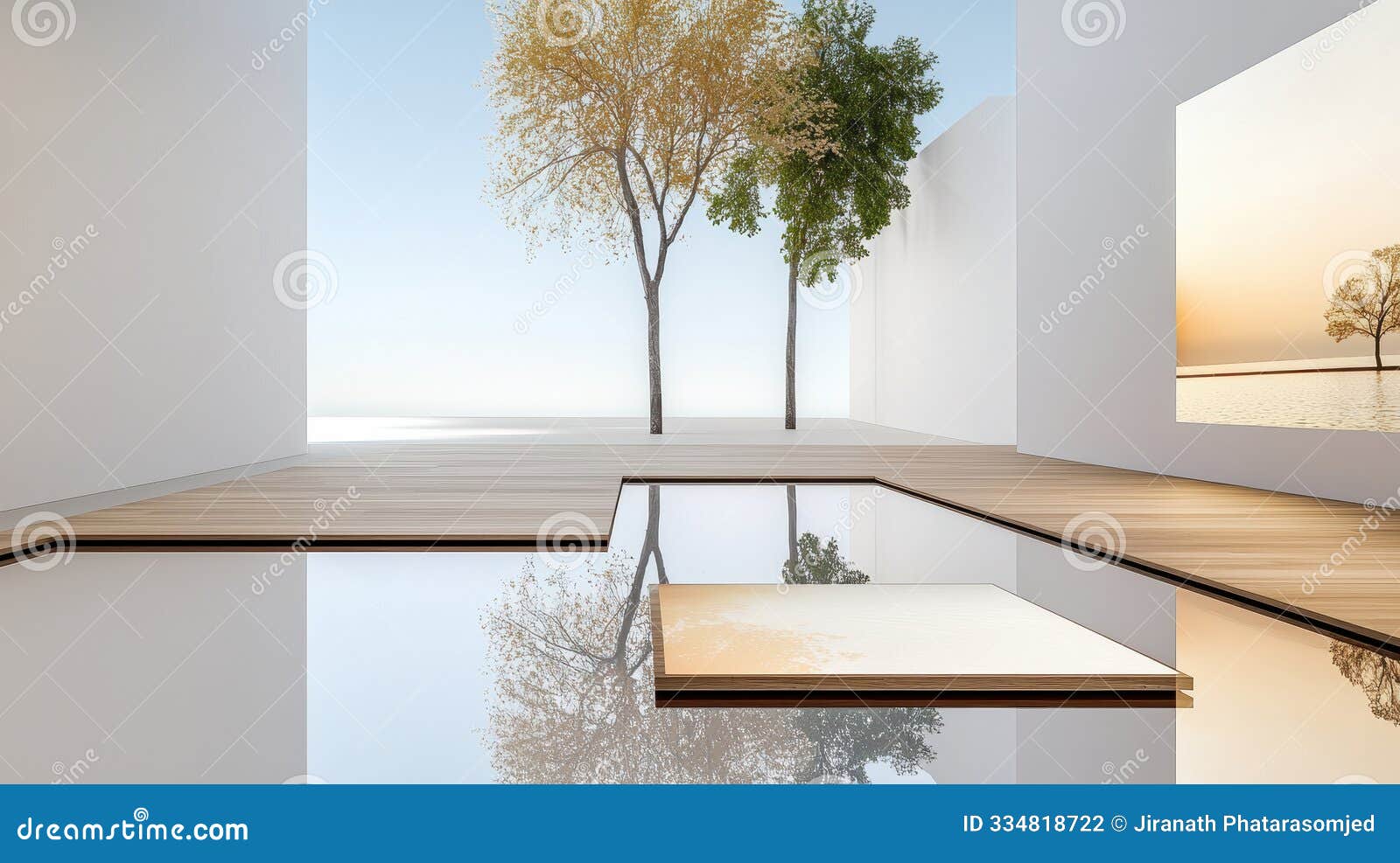 Minimalist Interior Design with a Water Feature and Tree Reflections ...