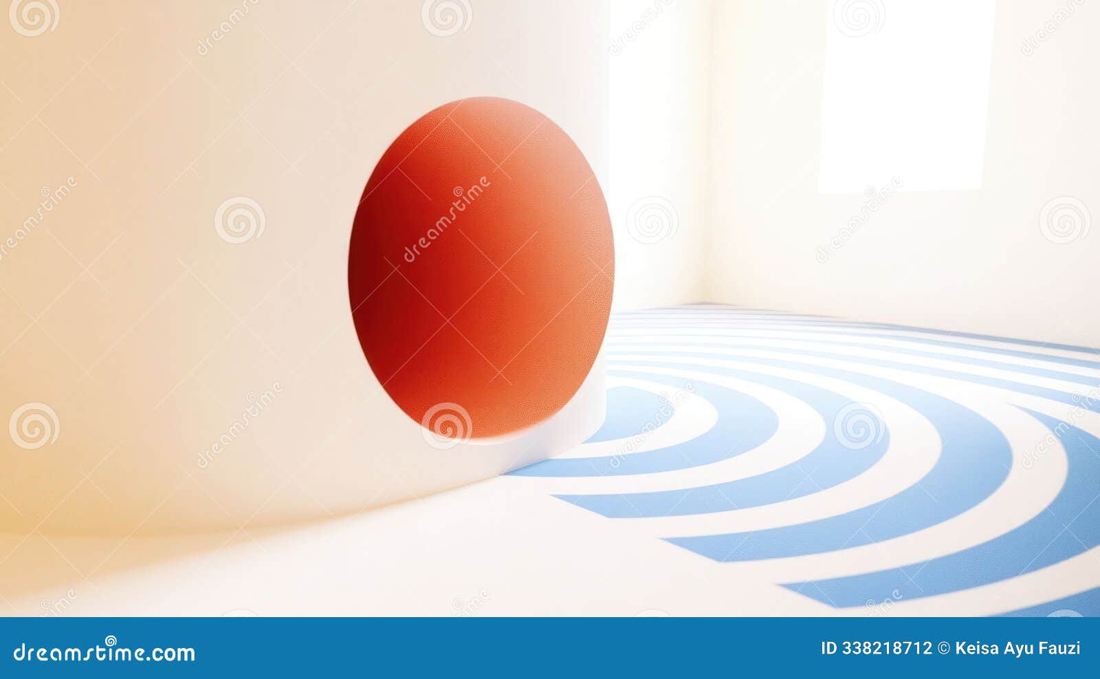 A Minimalist Interior Featuring a Red Sphere and Blue Curved Lines on a ...