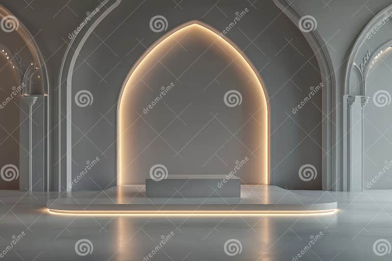 A Minimalist Interior with an Illuminated Arch and Platform, Suggesting ...
