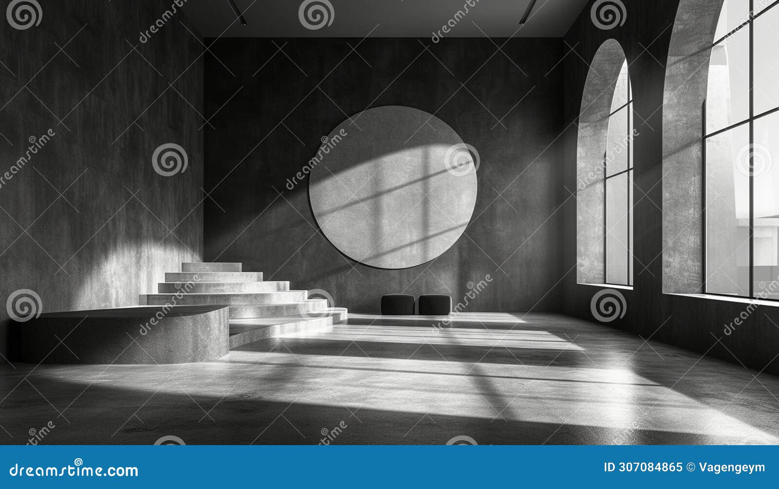 Minimalist Interior with Stark Shadows, a Large Circular Wall Motif ...