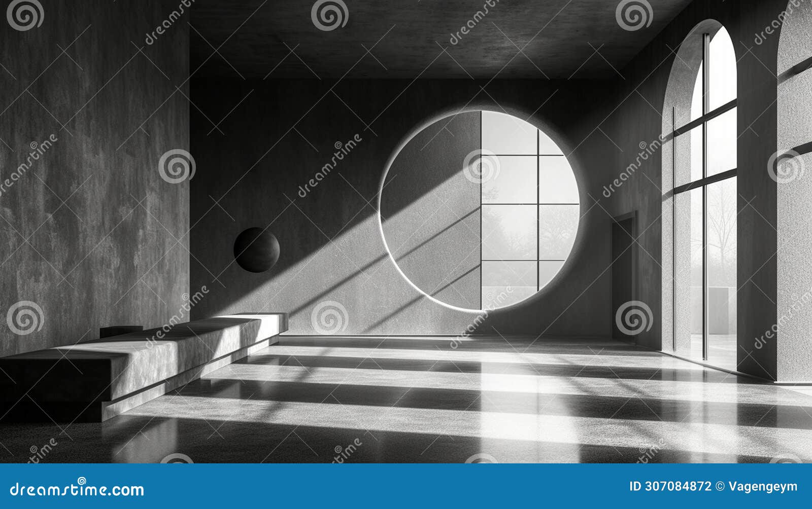 Minimalist Interior with Stark Shadows, a Large Circular Wall Motif ...