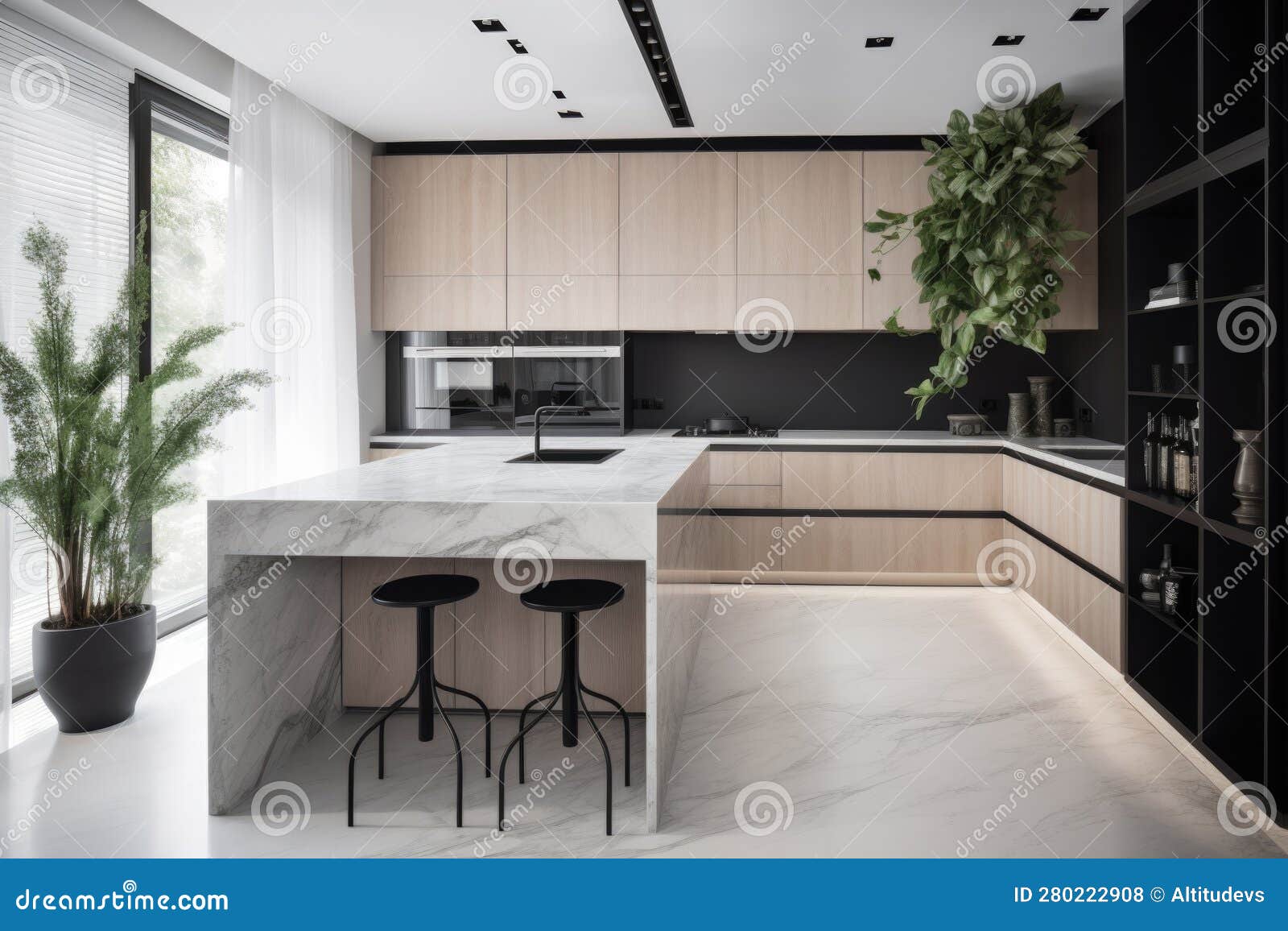 Minimalist Kitchen with Clean, Sleek Lines and a Touch of Greenery ...