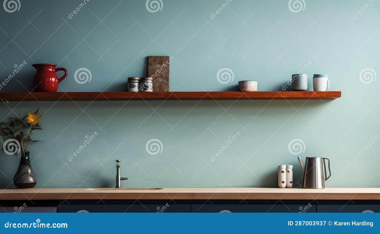 Minimalist Kitchen Design with Blue Wall Stock Illustration ...
