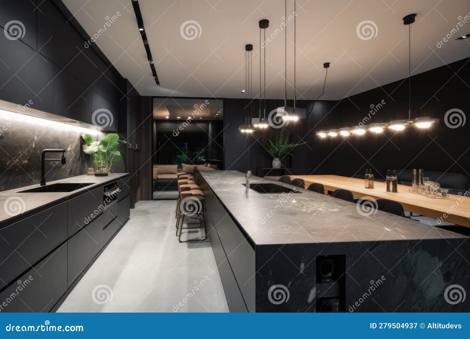 Minimalist Kitchen, with Dramatic Overhead Lighting Shining Down on the ...