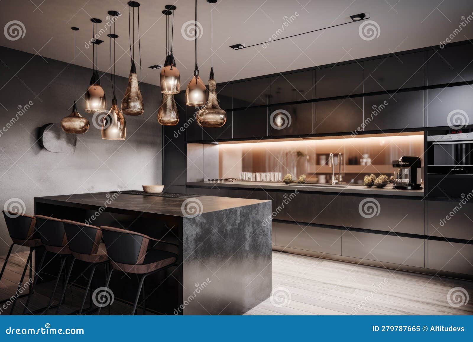 Minimalist Kitchen, with Dramatic Overhead Lighting Shining Down on the ...