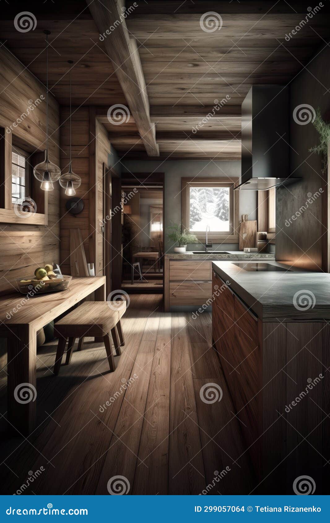 Minimalist Kitchen Interior in Swiss Chalet Stock Illustration ...