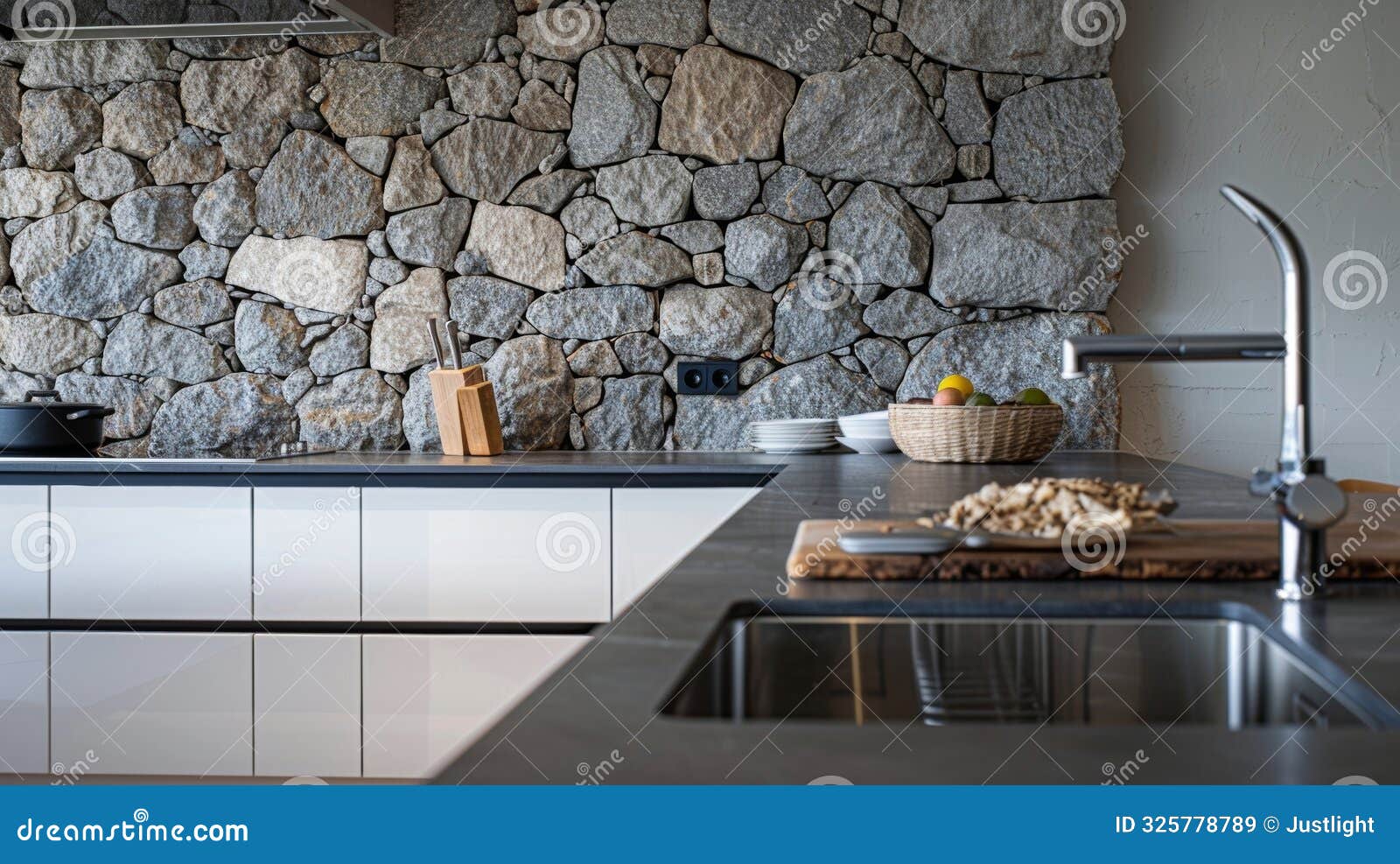 A Minimalist Kitchen with a Statement Wall Made of Rough Stone Creating ...