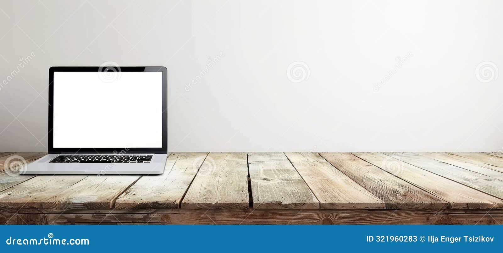 Minimalist Laptop Setup on Wooden Desk with Blank Wall, Clean Desktop ...